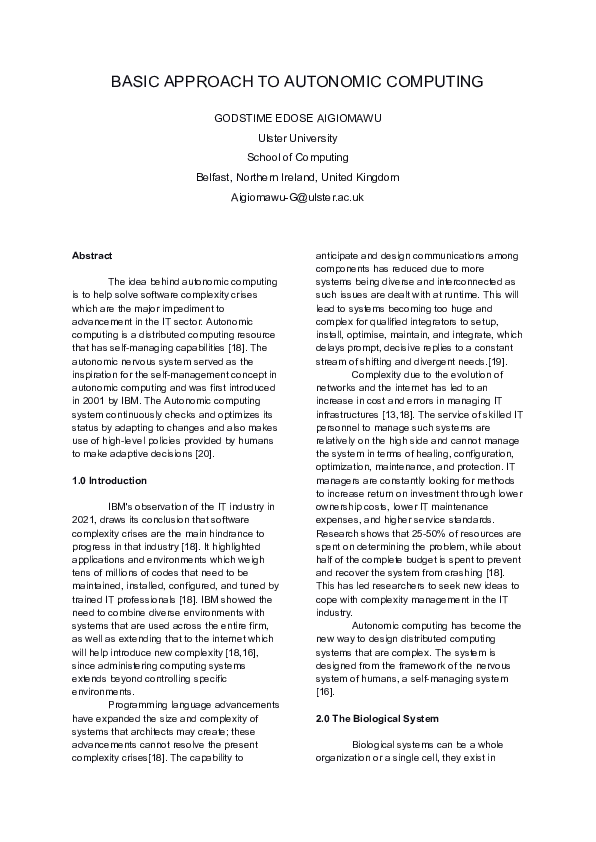 Pdf Basic Approach To Autonomic Computing