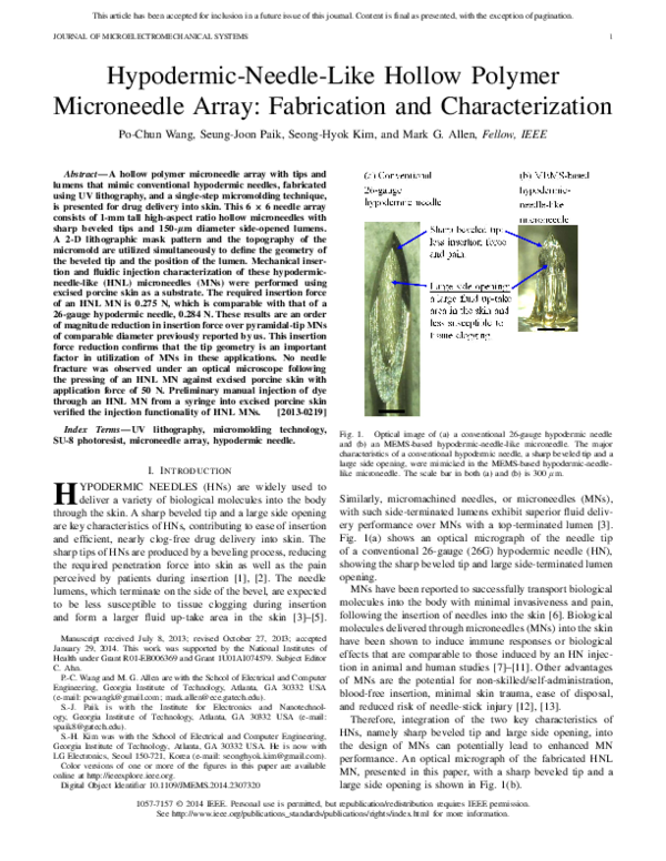 (PDF) Hypodermic-Needle-Like Hollow Polymer Microneedle Array ...