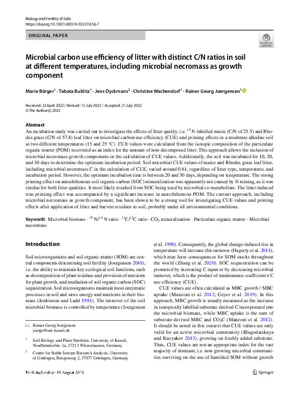 (PDF) Microbial carbon use efficiency of litter with distinct C/N ratios in soil at different ...