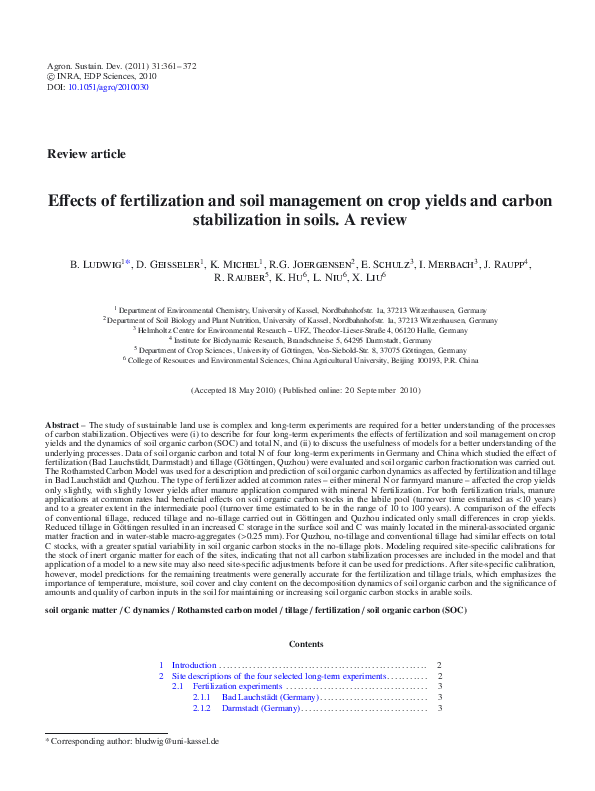(PDF) Effects of fertilization and soil management on crop yields and carbon stabilization in ...