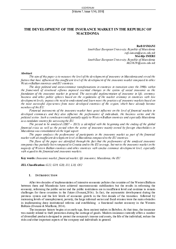 (PDF) The development of the insurance market in the Republic of Macedonia