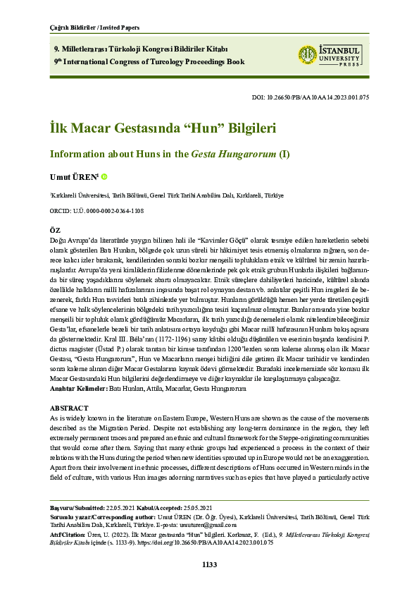 (PDF) İlk Macar Gestasında "Hun" Bilgileri