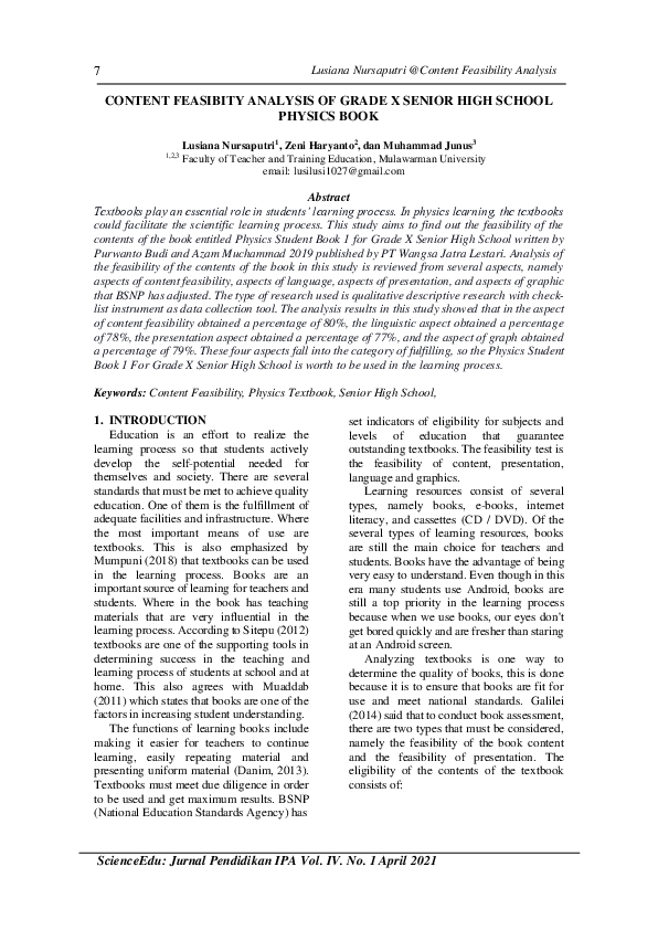 (PDF) Content Feasibility Analysis of Grade X Senior High School ...