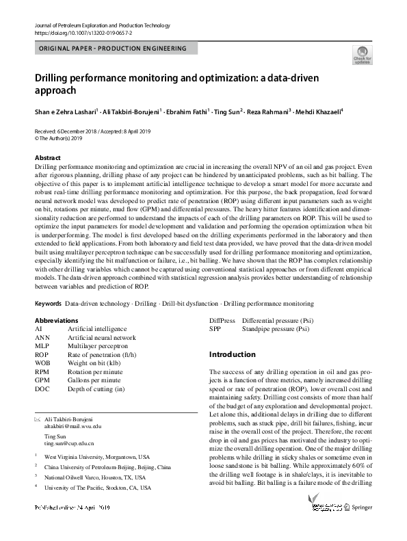 (PDF) Drilling performance monitoring and optimization: a data-driven approach