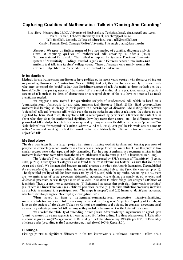 (PDF) Capturing Qualities of Mathematical Talk via 'Coding And Counting