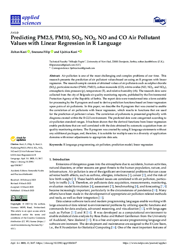 (PDF) Predicting PM2.5, PM10, SO2, NO2, NO and CO Air Pollutant Values with Linear Regression in ...