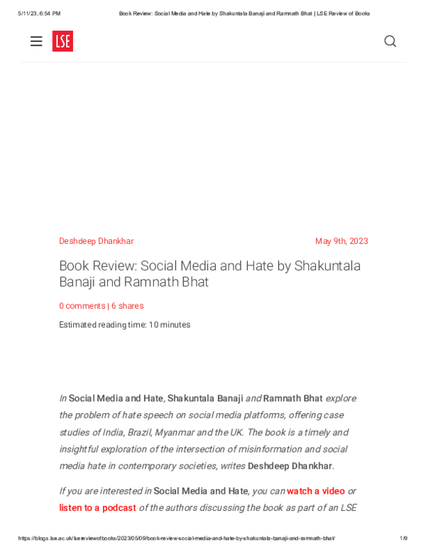 (PDF) Book Review: Social Media and Hate by Shakuntala Banaji and ...