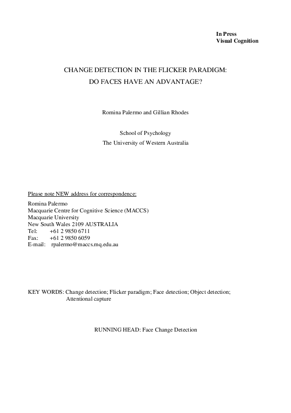 (PDF) Change detection in the flicker paradigm: Do faces have an advantage?