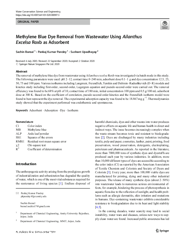 (PDF) Methylene Blue Dye Removal from Wastewater Using Ailanthus Excelsa Roxb as Adsorbent