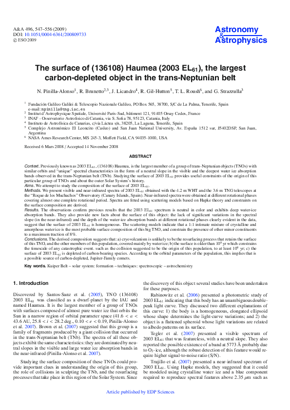 (PDF) The surface of (136108) Haumea (2003 EL61), the largest carbon ...