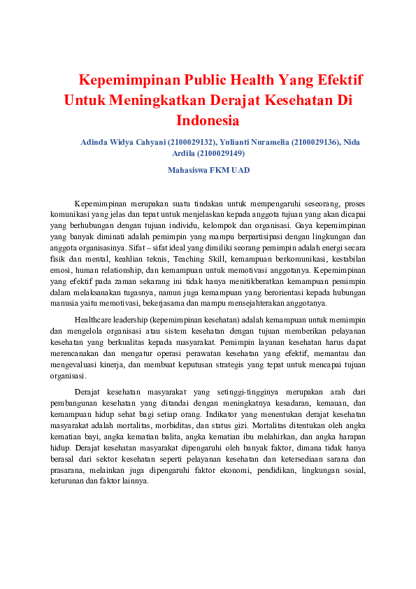 (PDF) Kepemimpinan Public Health Yang Efektif Untuk Meningkatkan ... (PDF) Kepemimpinan Public Health Yang Efektif Untuk Meningkatkan ...
