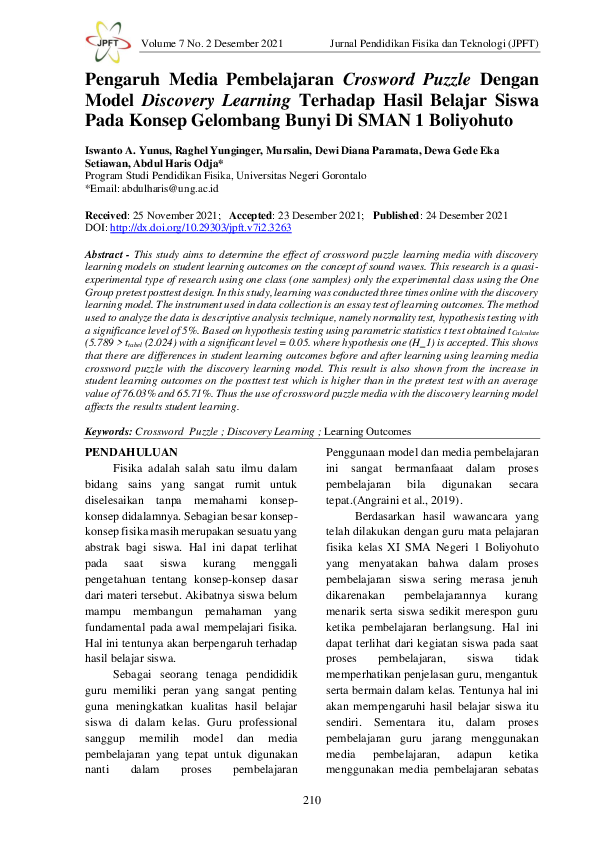 (PDF) Pengaruh Media Pembelajaran Crosword Puzzle Dengan Model Discovery Learning Terhadap Hasil ...