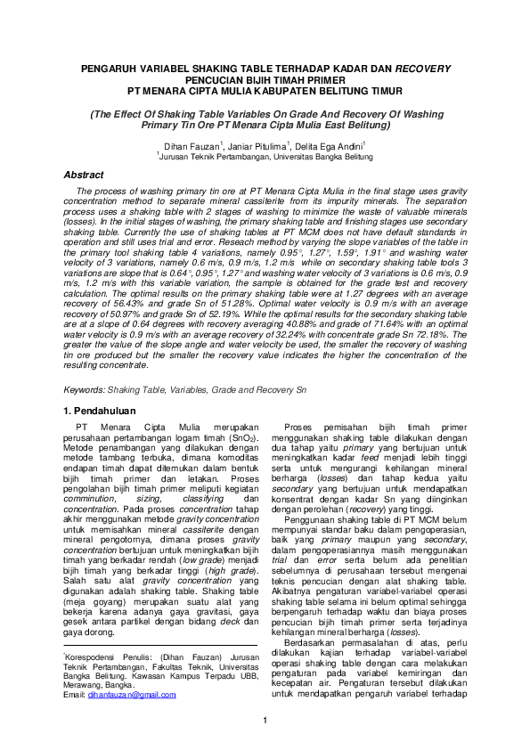 (PDF) Pengaruh Variabel Shaking Table Terhadap Kadar Dan Recovery ...