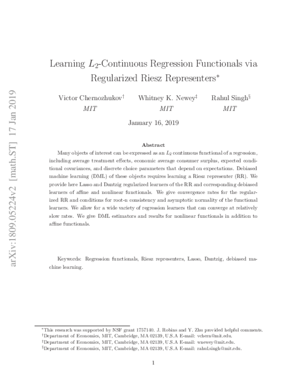 (PDF) Learning L2 Continuous Regression Functionals via Regularized Riesz Representers
