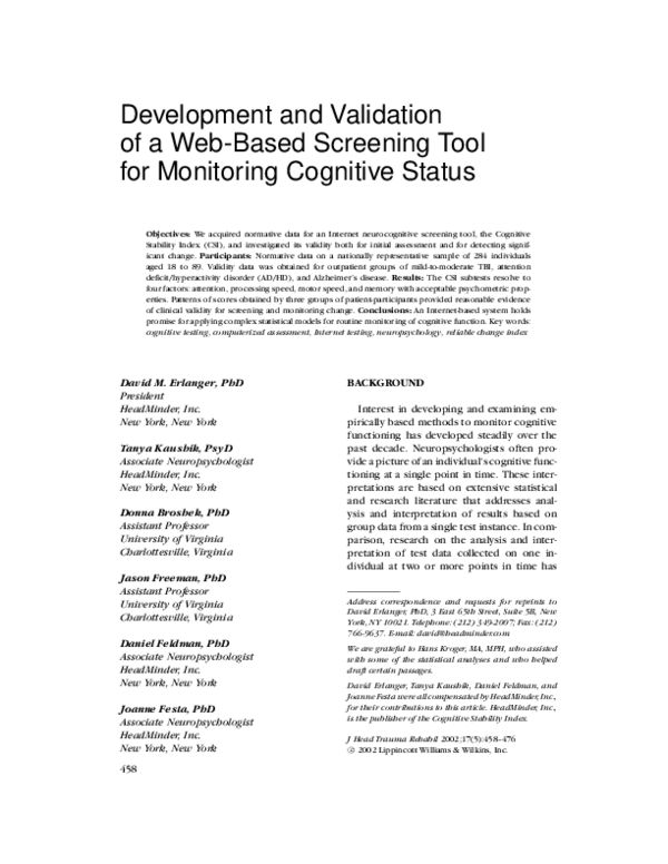 (PDF) Development and Validation of a Web-Based Screening Tool for Monitoring Cognitive Status