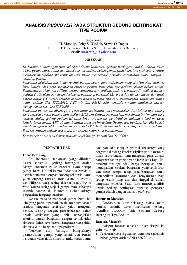(PDF) Analisis Pushover Pada Struktur Gedung Bertingkat Tipe Podium