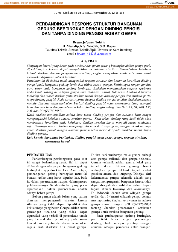 (PDF) Perbandingan Respons Struktur Bangunan Gedung Bertingkat Dengan Dinding Pengisi Dan Tanpa ...