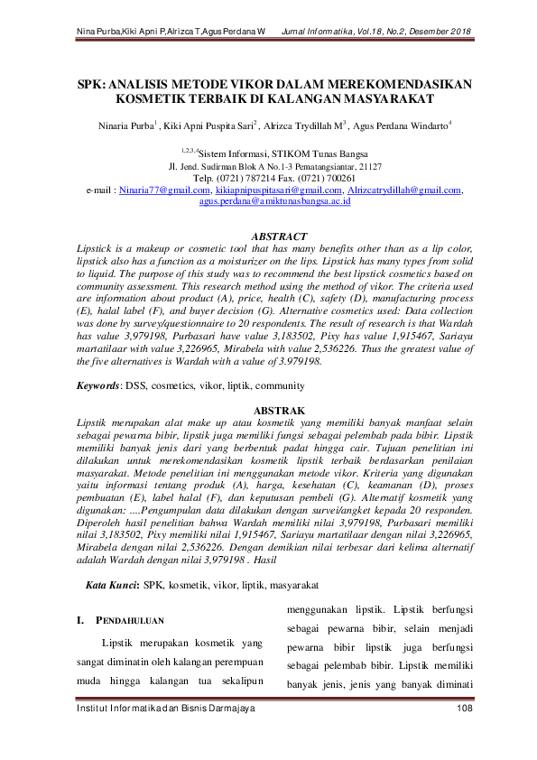 (PDF) SPK: Analisis Metode Vikor Dalam Merekomendasikan Kosmetik Terbaik DI Kalangan Masyarakat