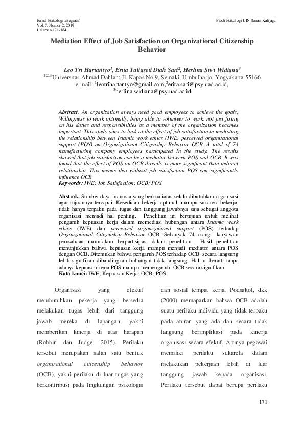 (PDF) Mediation Effect of Job Satisfaction on Organiztional Citizenship Behaviour