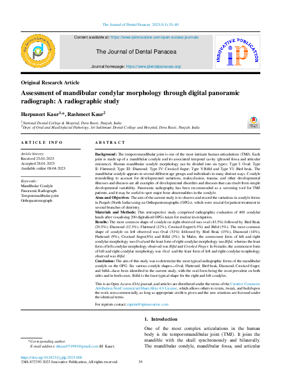 (PDF) Assessment of mandibular condylar morphology through digital ...
