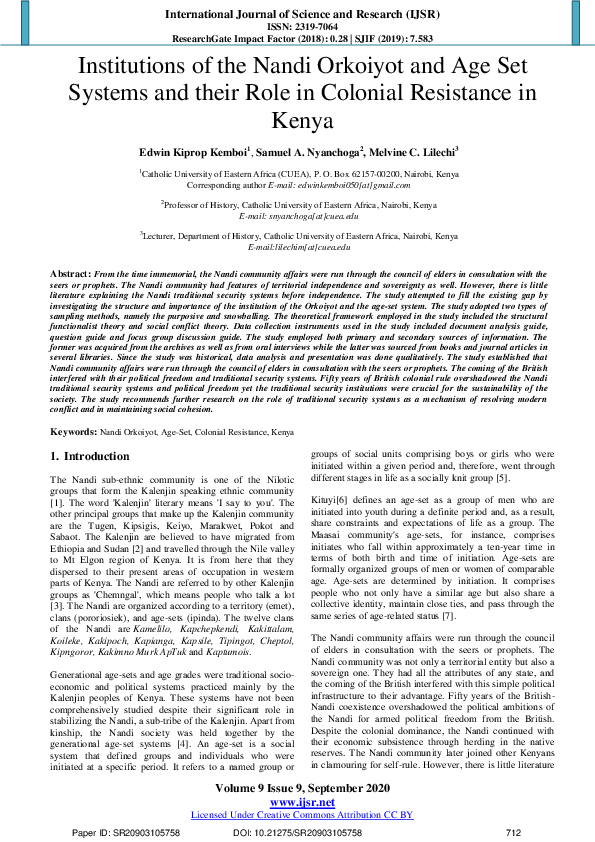 (PDF) Institutions of the Nandi Orkoiyot and Age Set Systems and their ...