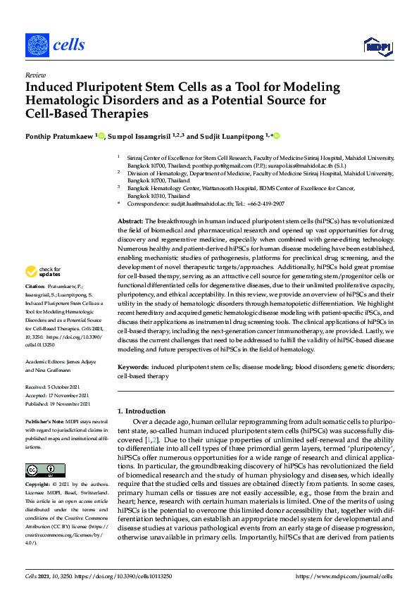 (PDF) Induced Pluripotent Stem Cells as a Tool for Modeling Hematologic Disorders and as a ...