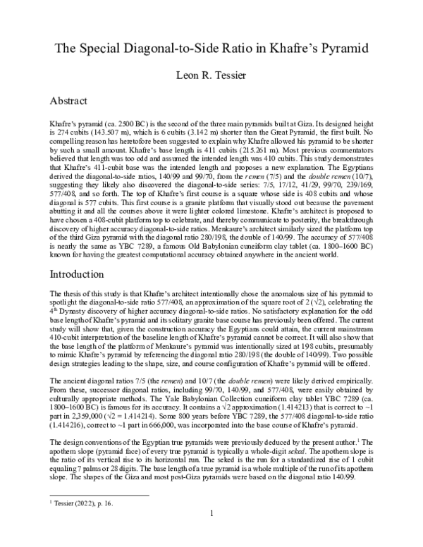 (PDF) The Special Diagonal-to-Side Ratio in Khafre's Pyramid