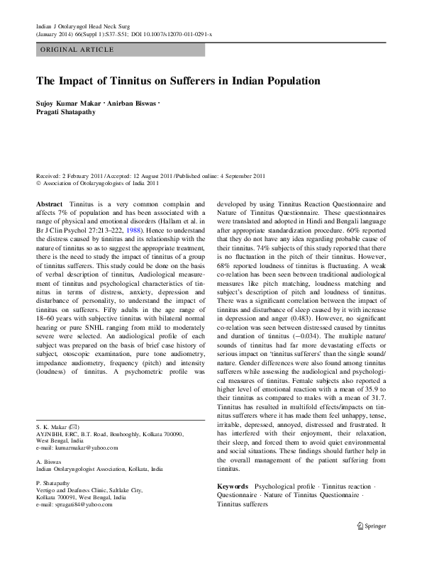 (PDF) The Impact of Tinnitus on Sufferers in Indian Population
