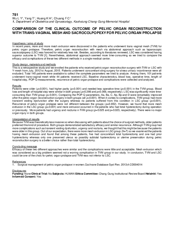 Pdf Comparison Of The Clinical Outcome Of Pelvic Organ Reconstruction