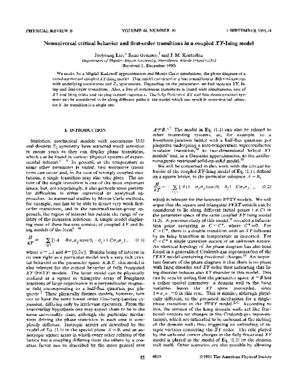 (PDF) Nonuniversal critical behavior and first-order transitions in a coupledXY-Ising model