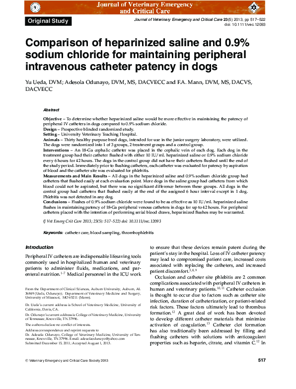 (PDF) Normal Saline versus Heparinized Saline Solutions to Maintain the ...