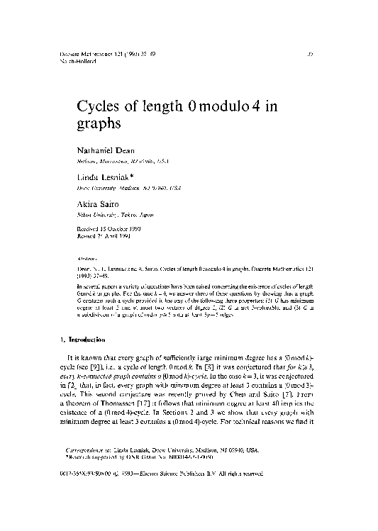 (PDF) Cycles of length 0 modulo 4 in graphs