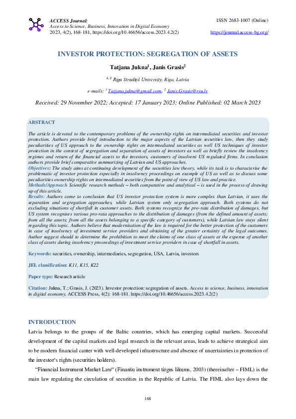(PDF) Investor protection: segregation of assets