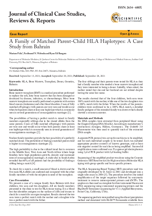 (PDF) A Family of Matched Parent-Child HLA Haplotypes: A Case Study from Bahrain