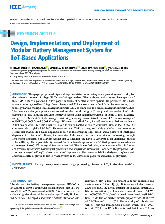 (PDF) Design, Implementation, and Deployment of Modular Battery Management System for IIoT-Based ...