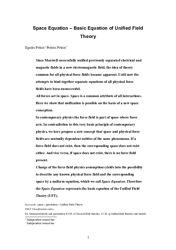 (PDF) Space Equation – Basic Equation of Unified Field Theory