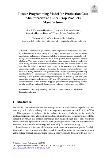 (PDF) Linear Programming Model for Production Cost Minimization at a Rice Crop Products Manufacturer