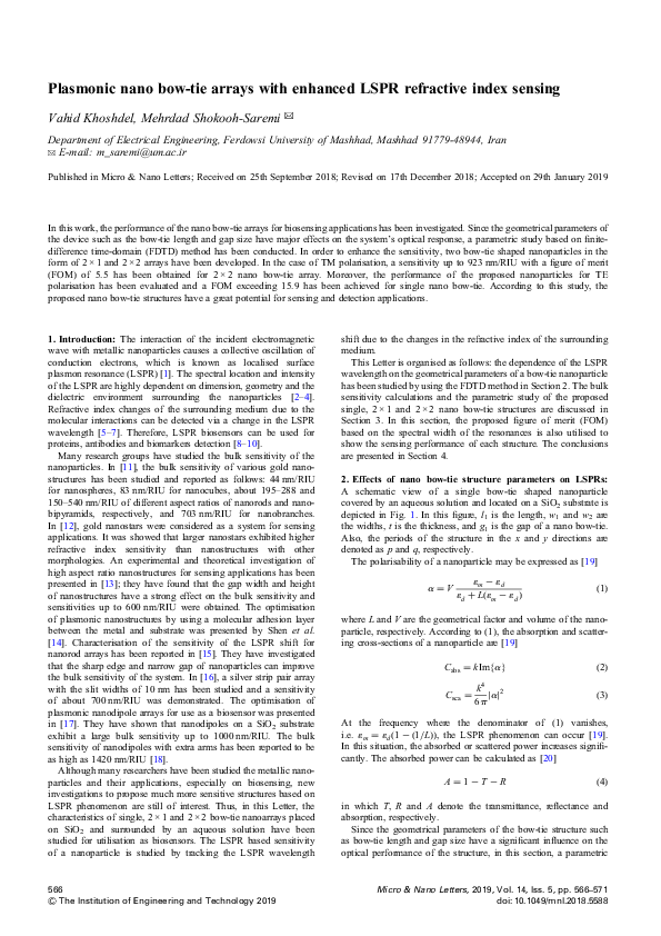 (PDF) Plasmonic nano bow‐tie arrays with enhanced LSPR refractive index sensing