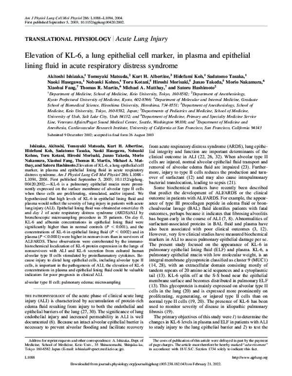 (PDF) Elevation of KL-6, a lung epithelial cell marker, in plasma and ...