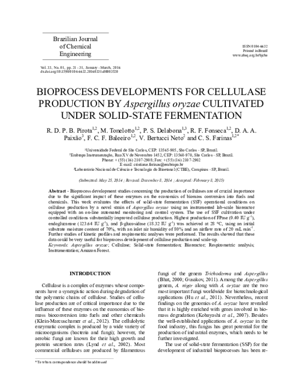 (PDF) BIOPROCESS DEVELOPMENTS FOR CELLULASE PRODUCTION BY Aspergillus oryzae CULTIVATED UNDER ...