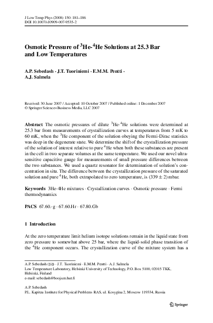 (PDF) Osmotic Pressure of 3He-4He Solutions at 25.3 Bar and Low ...