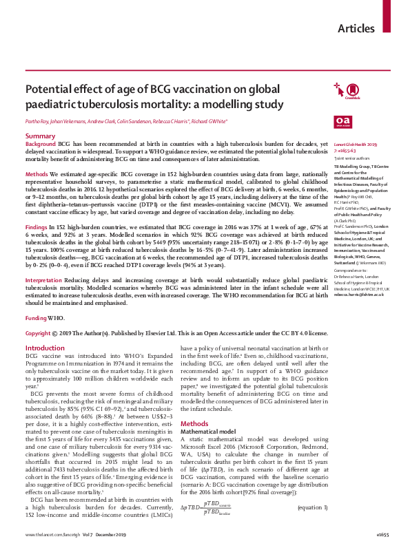 Pdf Potential Effect Of Age Of Bcg Vaccination On Global Paediatric Tuberculosis Mortality A