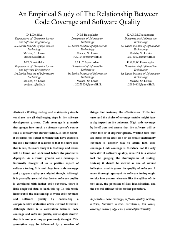 (DOC) An Empirical Study of The Relationship Between Code Coverage and Software Quality