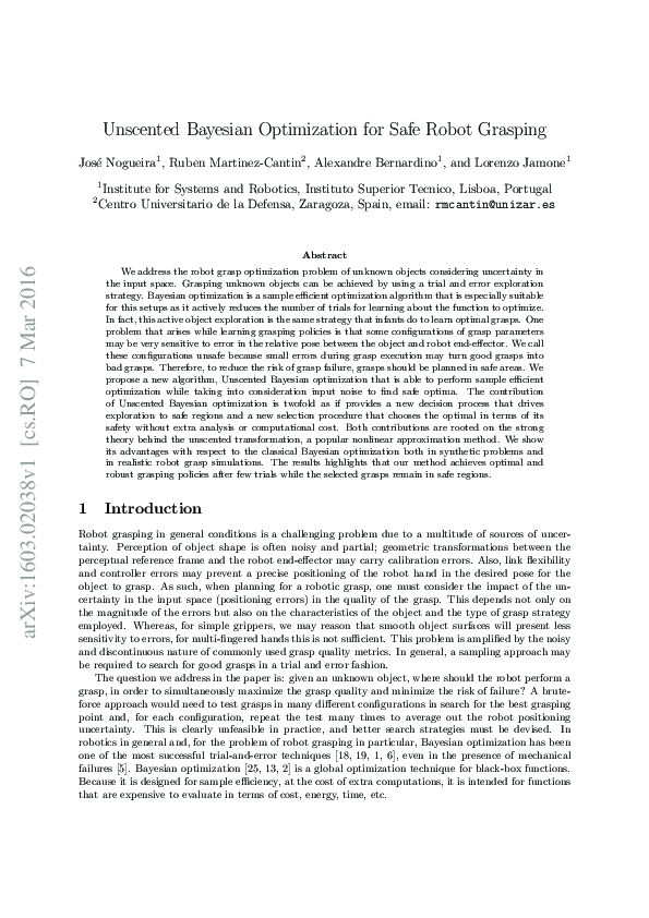 (PDF) Unscented Bayesian optimization for safe robot grasping