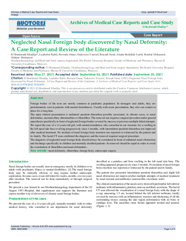 (PDF) Neglected Nasal Foreign body discovered by Nasal Deformity: A ...