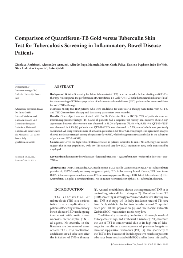 (PDF) Comparison of Quantiferon-TB Gold versus tuberculin skin test for ...