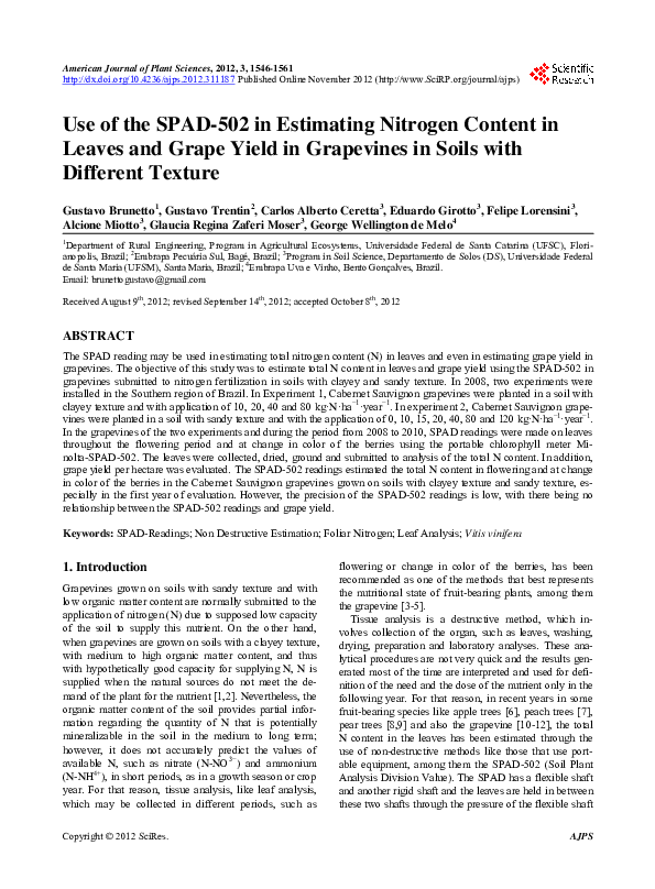 (PDF) Use of the SPAD-502 in Estimating Nitrogen Content in Leaves and Grape Yield in Grapevines ...