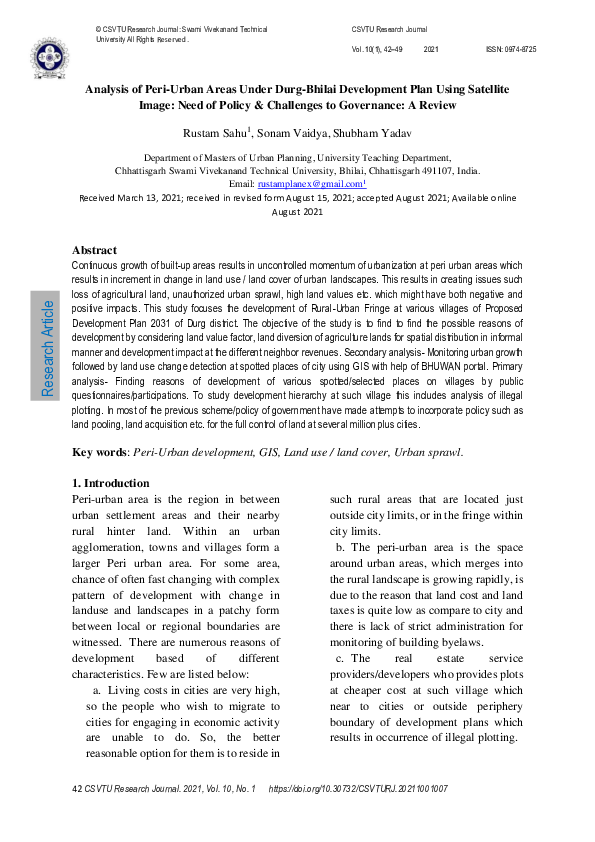 (PDF) Analysis of Peri-Urban Areas Under Durg-Bhilai Development Plan ...