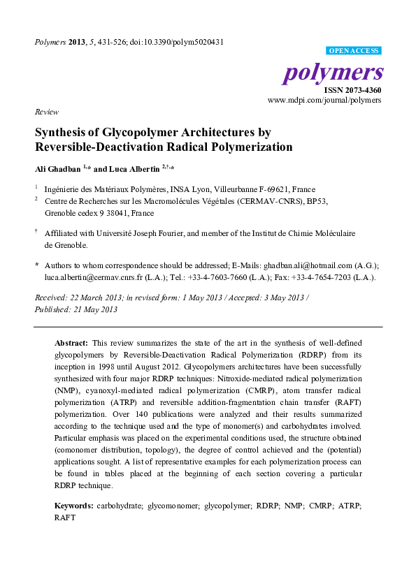 (PDF) Synthesis of Glycopolymer Architectures by Reversible ...