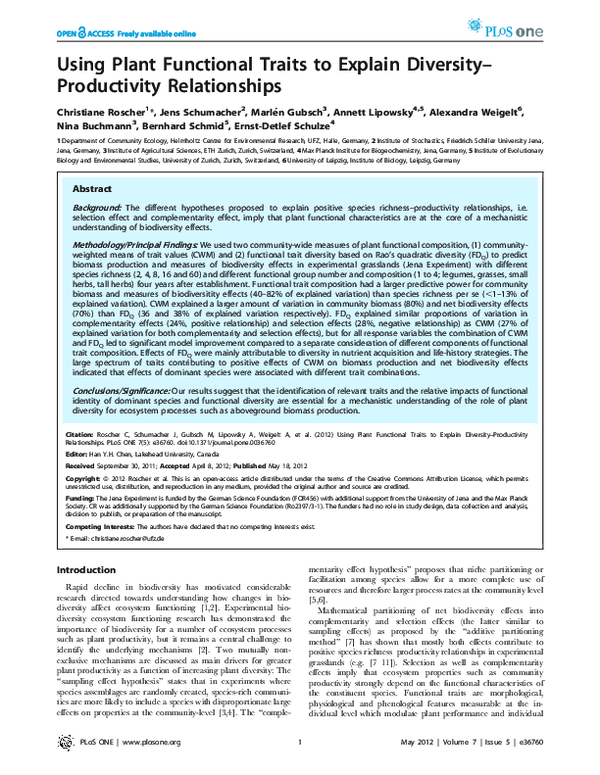 (PDF) Using Plant Functional Traits to Explain Diversity-Productivity ...